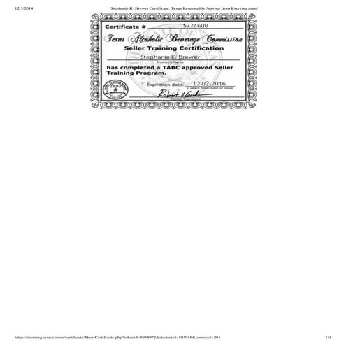 Stephanie K. Brewer Certificate_ Texas Responsible Serving from ...