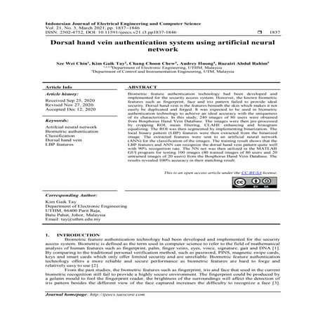 Dorsal hand vein authentication system using artificial neural network | PDF