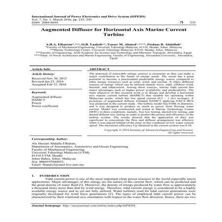 Augmented Diffuser For Horizontal Axis Marine Current Turbine Pdf