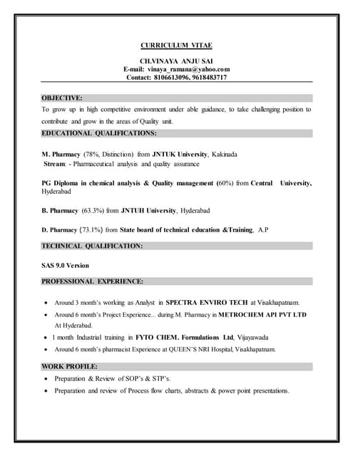 vinaya resume | DOCX | Pharmaceutical Industry | Industries
