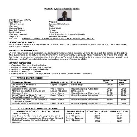 MEZIEM MOSES CHIDIEBERE HOUSEKEEPING CV | DOCX