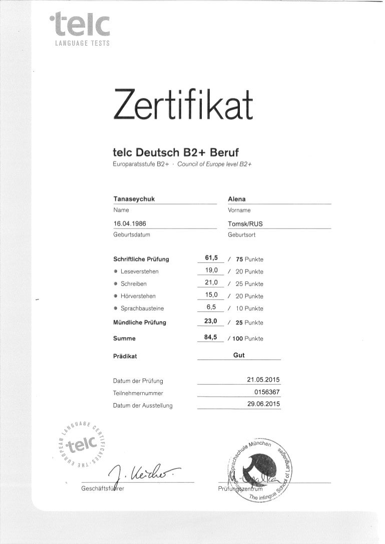 Alyona Tanaseychuk_B2+ Beruf Deutsch TELC Zertifikat