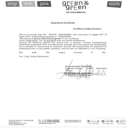 Italian Experience certificate Yehya M A | PDF