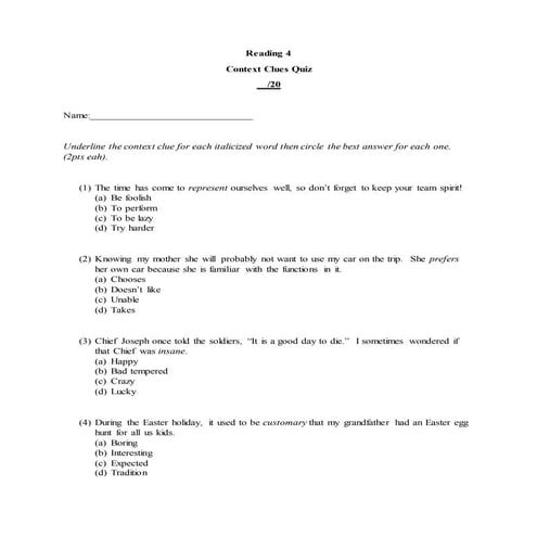 Reading 4 Context Clues Quiz Spring 2015 | DOCX