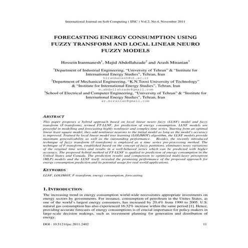 FORECASTING ENERGY CONSUMPTION USING FUZZY TRANSFORM AND LOCAL LINEAR NEURO FUZZY MODELS | PDF
