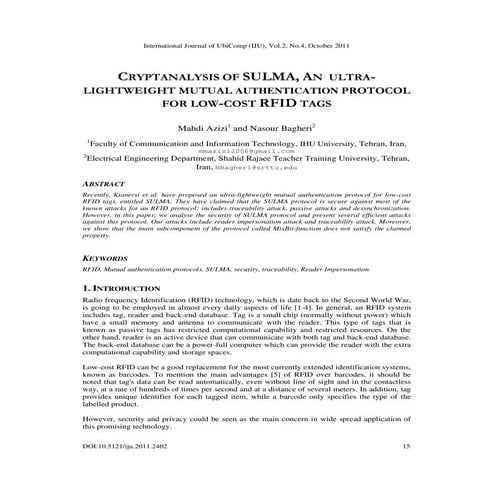 CRYPTANALYSIS OF SULMA, AN ULTRALIGHTWEIGHT MUTUAL AUTHENTICATION PROTOCOL FOR LOW-COST RFID ...