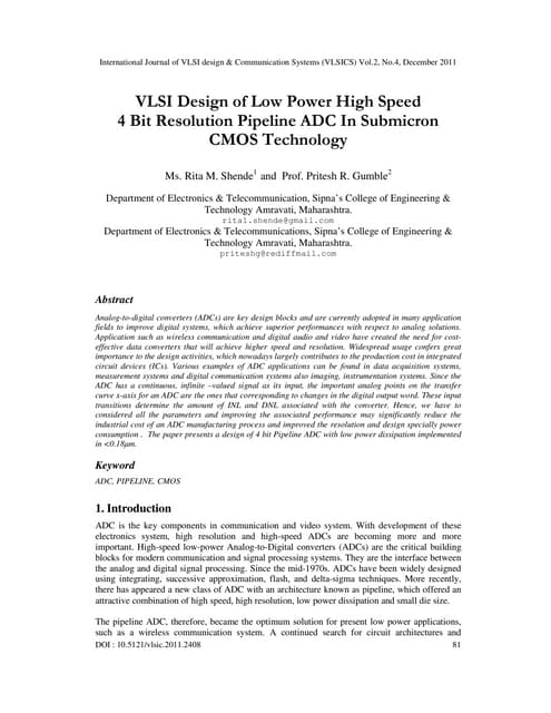 Vlsi Design Of Low Power High Speed 4 Bit Resolution Pipeline Adc In