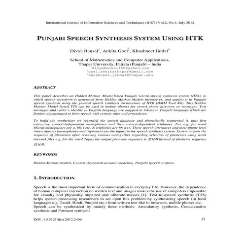 Punjabi Speech Synthesis System Using Htk Pdf