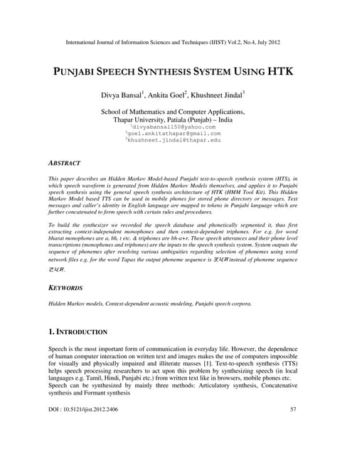 Punjabi Speech Synthesis System Using Htk Pdf