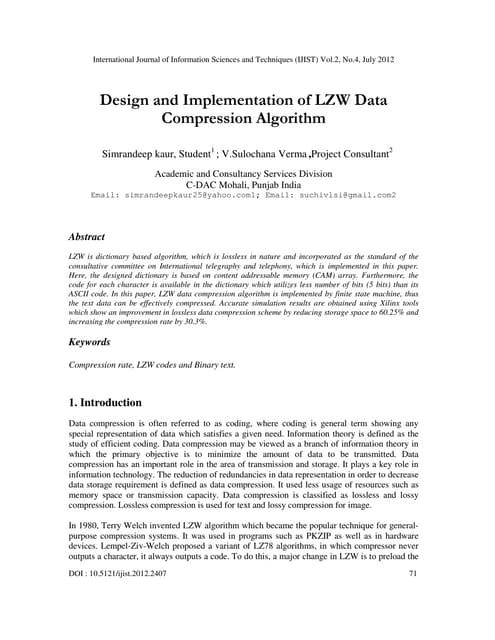 Design And Implementation Of Lzw Data Compression Algorithm Pdf 3970