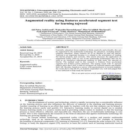 Augmented Reality Using Features Accelerated Segment Test For Learning Tajweed Pdf