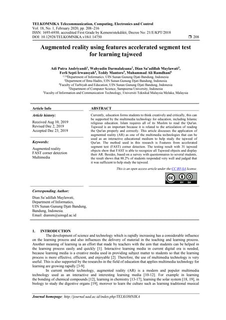 Augmented Reality Using Features Accelerated Segment Test For Learning Tajweed Pdf