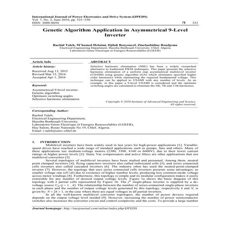 Genetic Algorithm Application In Asymmetrical 9 Level Inverter Pdf