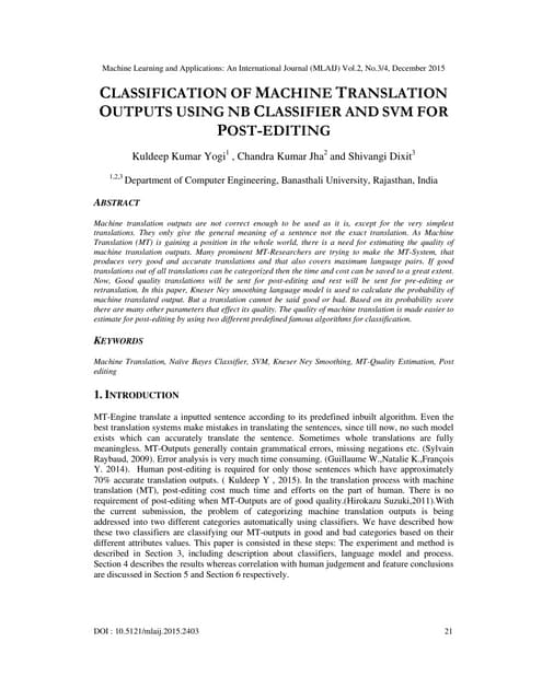 Classification Of Machine Translation Outputs Using Nb Classifier And Svm For Post Editing Pdf