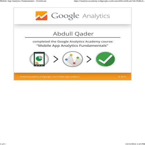 Mobile App Analytics Fundamentals - Certificate | PDF