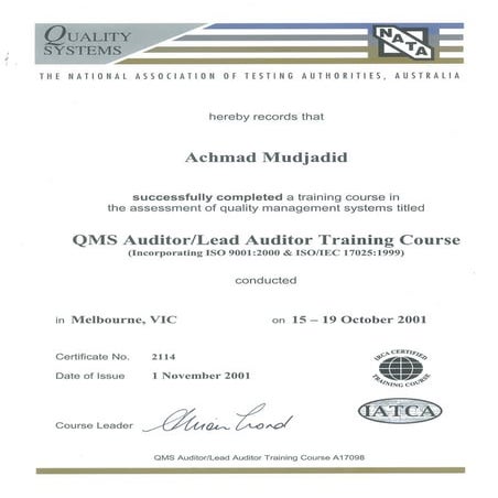 2001-Achmad Mudjadid-NATA-QMS Auditor & Lead Auditor Training Course | PDF