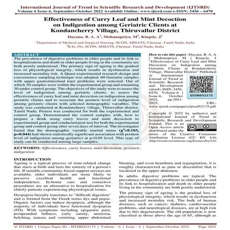 Effectiveness of Curry Leaf and Mint Decoction on Indigestion among ...
