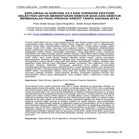 EXPLORASI ALGORITMA C4.5 DAN FORWARD FEATURE SELECTION UNTUK MENENTUKAN DEBITUR BAIK DAN DEBITUR ...