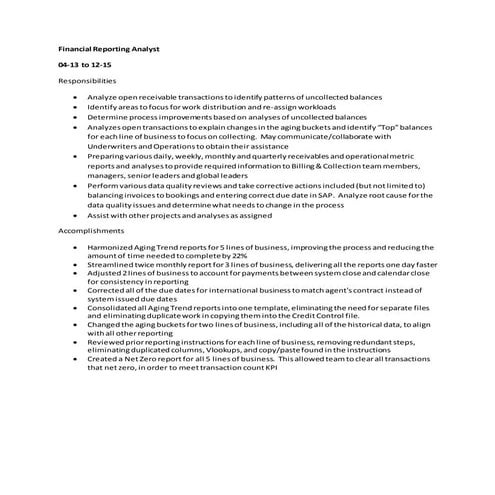 Responsibilities and Accomplishments - Financial Reporting Analyst ...