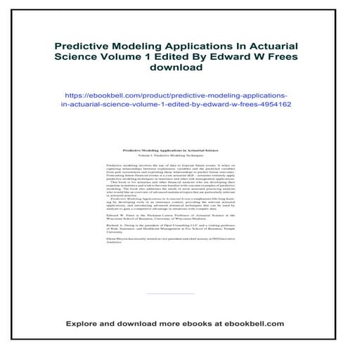 Predictive Modeling Applications In Actuarial Science Volume 1 Edited By Edward W Frees Pdf