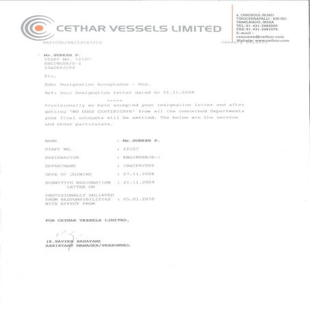 01_Experience & Relieving Letter_CETHAR | PDF