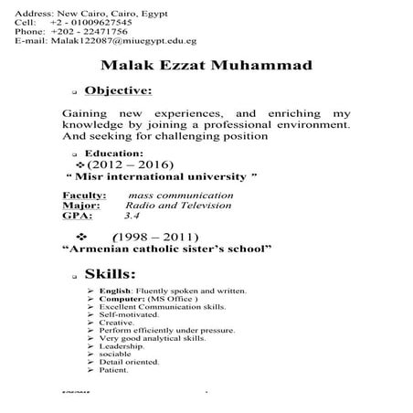 malak ezzat cv | PDF | Professional School | Postgraduate Education