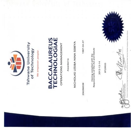 BTtech Operatons Man. certificate | PDF