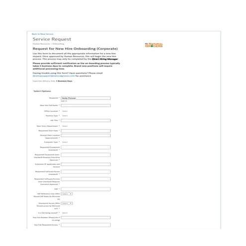 Request for New Hire Onboarding (Corporate) Form View | PDF