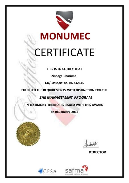 SHE Rep - Certificate