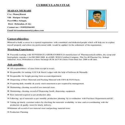 Resume for Store incharge | DOC
