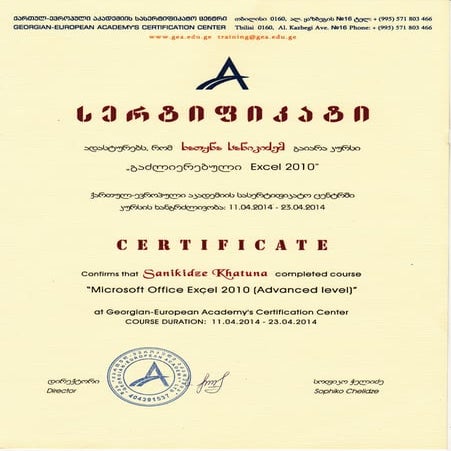 certificate Excel 2010 | PDF