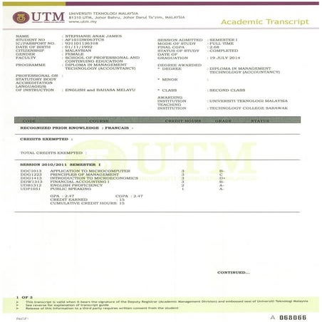 Academic Transcript_Pg 1 of 3 | PDF