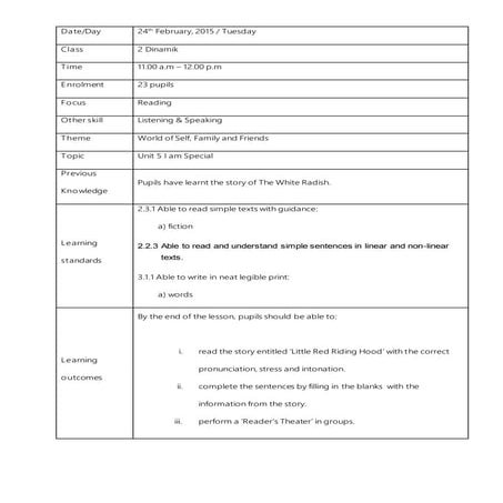 English YEAR 2 Unit 5 Reading (Little Red Riding Hood) lesson plan | DOCX