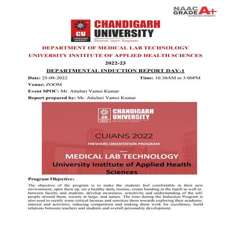 Induction program report for Medical Lab Technology students | PDF