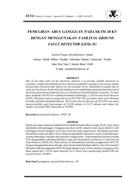PEMULIHAN ARUS GANGGUAN PADA SKTM 20 KV DENGAN MENGGUNAKAN FASILITAS GROUND FAULT DETECTOR (GFD ...