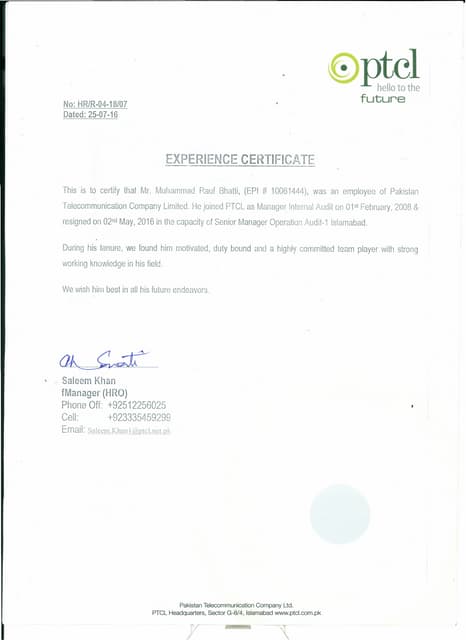PTCL experience Letter | PDF