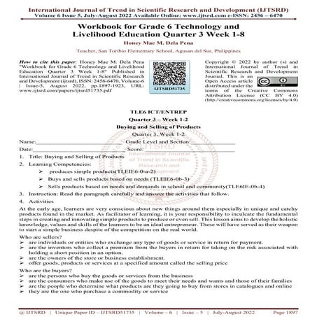Workbook for Grade 6 Technology and Livelihood Education Quarter 3 Week ...