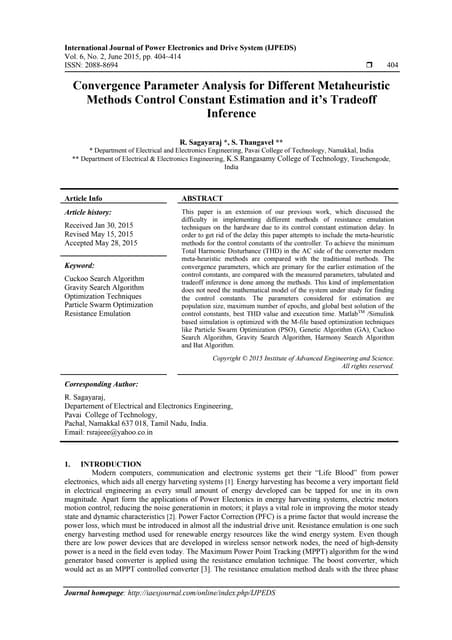 Convergence Parameter Analysis For Different Metaheuristic Methods