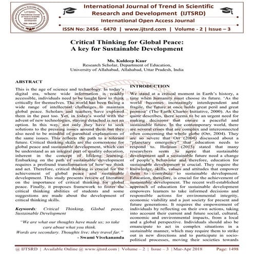 Critical Thinking for Global Peace: A key for Sustainable Development | PDF