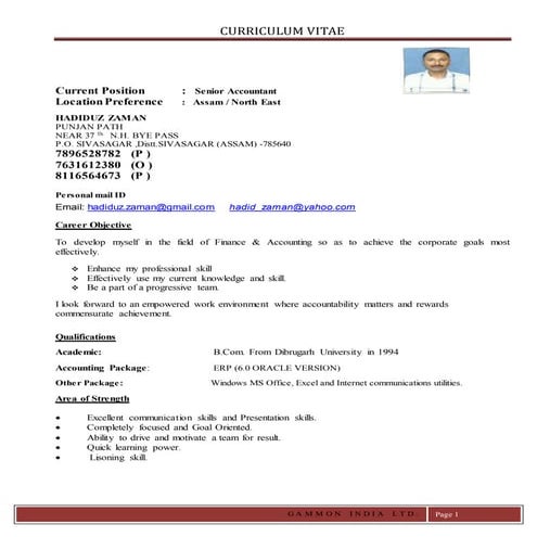 CV-ZAMAN@GAMMON. | DOC | Business Accounting & Finance | Business