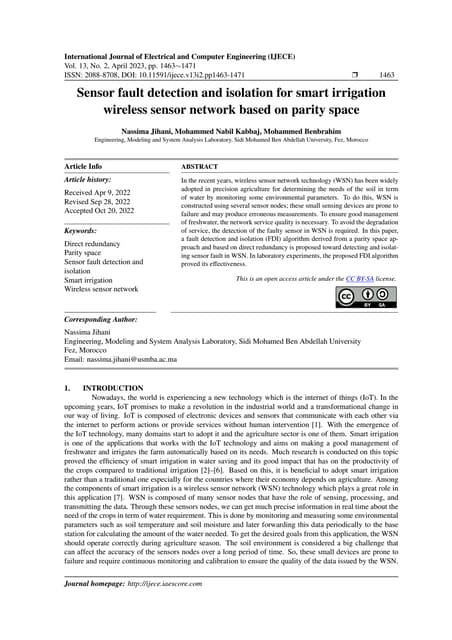 Sensor Fault Detection And Isolation For Smart Irrigation Wireless Sensor Network Based On