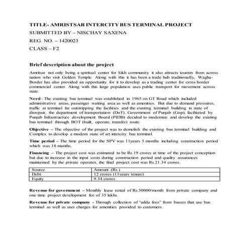 Amritsar Inter City Bus Terminal PPP Structure and Risk mitigation ...