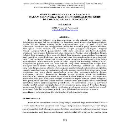 Kepemimpinan kepala sekolah dan peningkatan profesionalisme guru | PDF