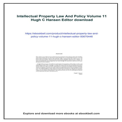 Intellectual Property Law And Policy Volume 11 Hugh C Hansen Editor | PDF