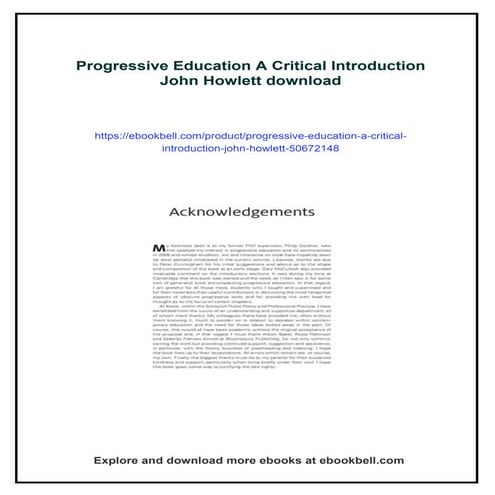 Progressive Education A Critical Introduction John Howlett | PDF