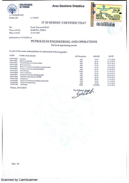 Pratik Rao - Eni Internship Certificate | PDF