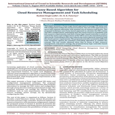 Fuzzy Based Algorithm For Cloud Resource Management And Task Scheduling Pdf