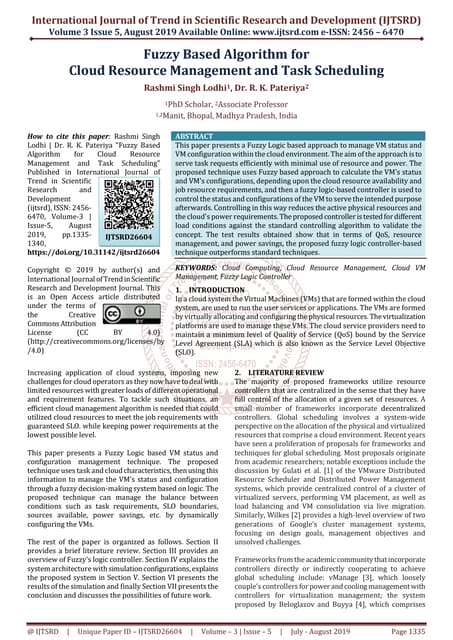 Fuzzy Based Algorithm For Cloud Resource Management And Task Scheduling Pdf