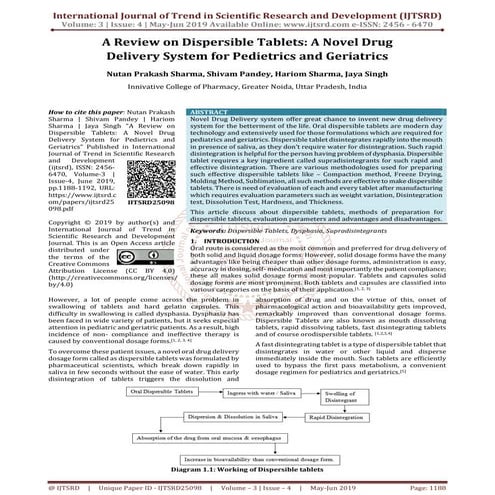 A Review on Dispersible Tablets A Novel Drug Delivery System for ...