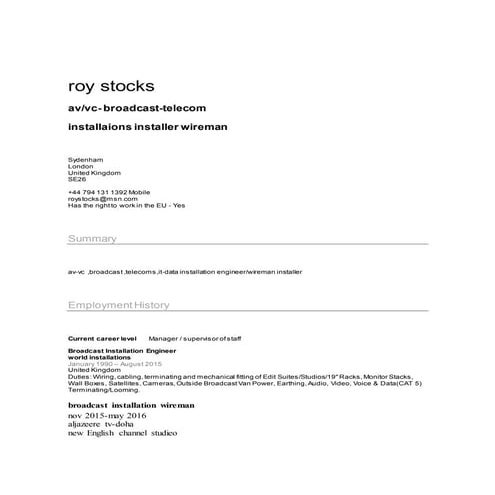 roy stocks cv | DOCX | History | Genres